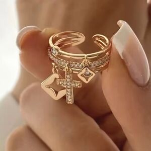 Jewelry | Gold Cross Star Clover Zircon Crystal Charm Dangle Ring ...